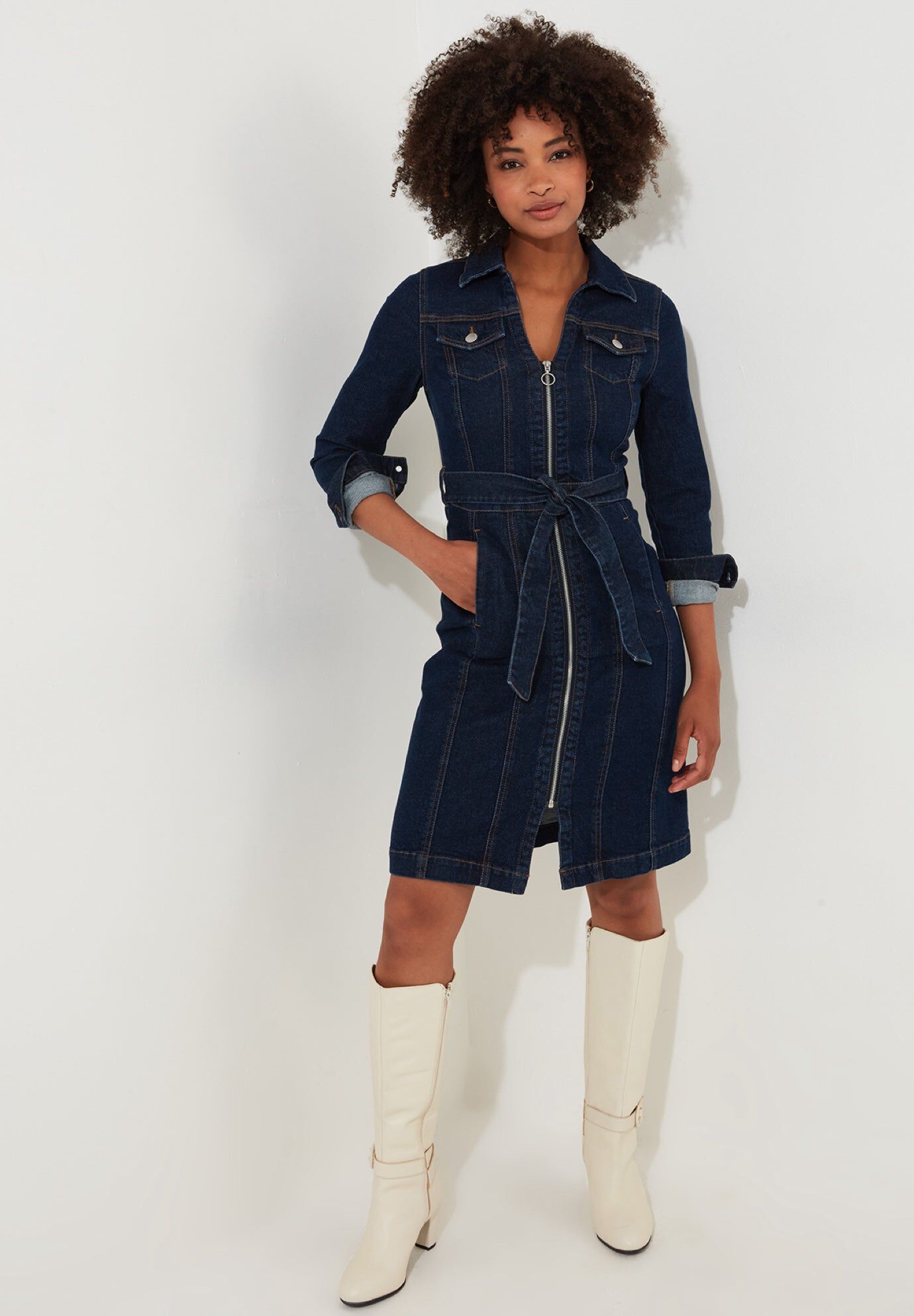 Belted Stretch Denim Dress | Joe Browns